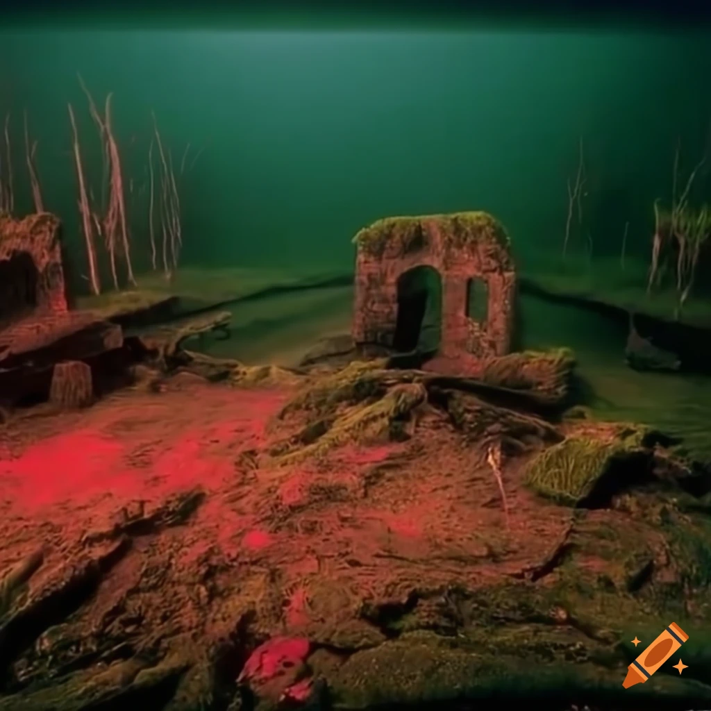 Mysterious red lights in a swamp with ancient ruins on Craiyon