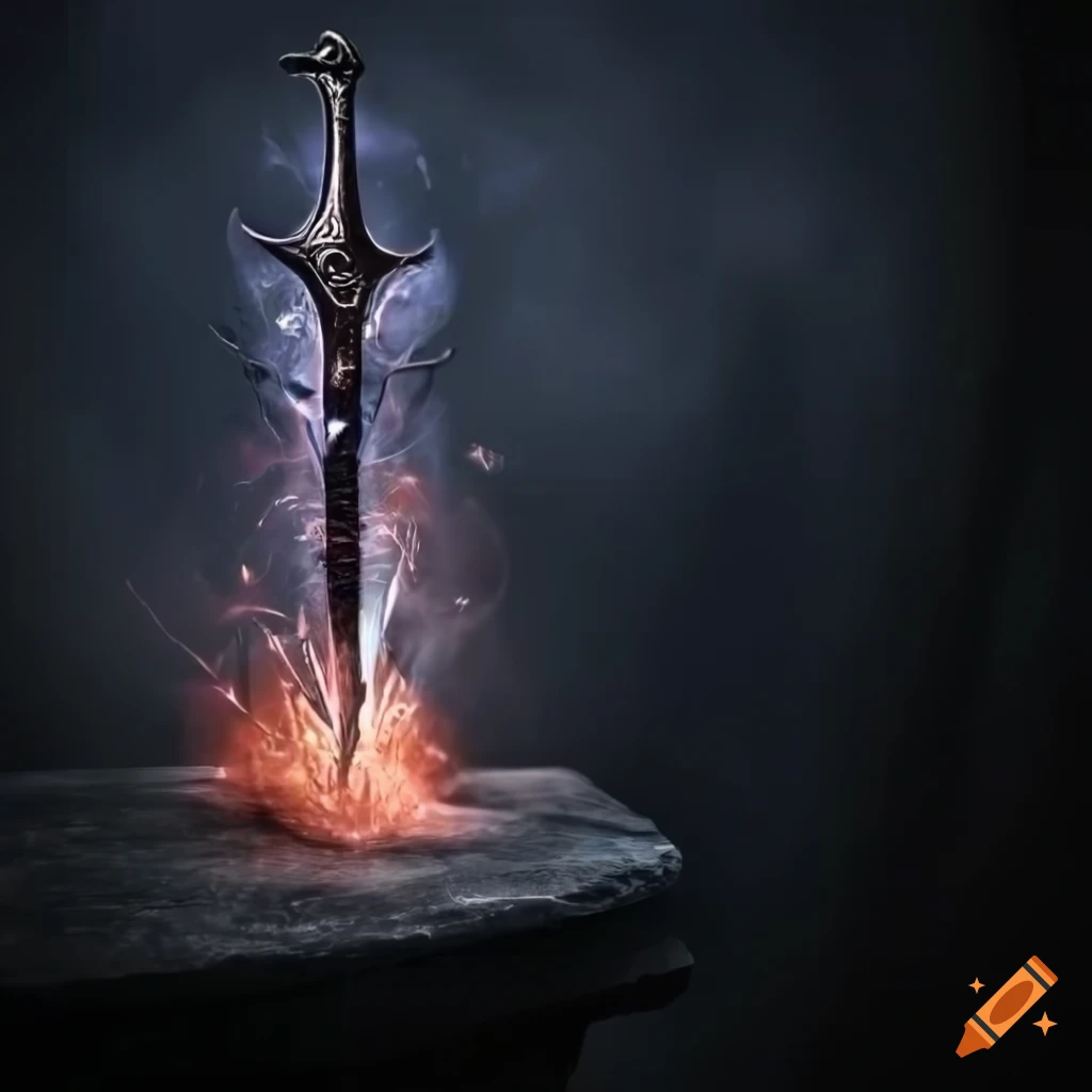 Photorealistic image of a magical sword with black crystal on Craiyon