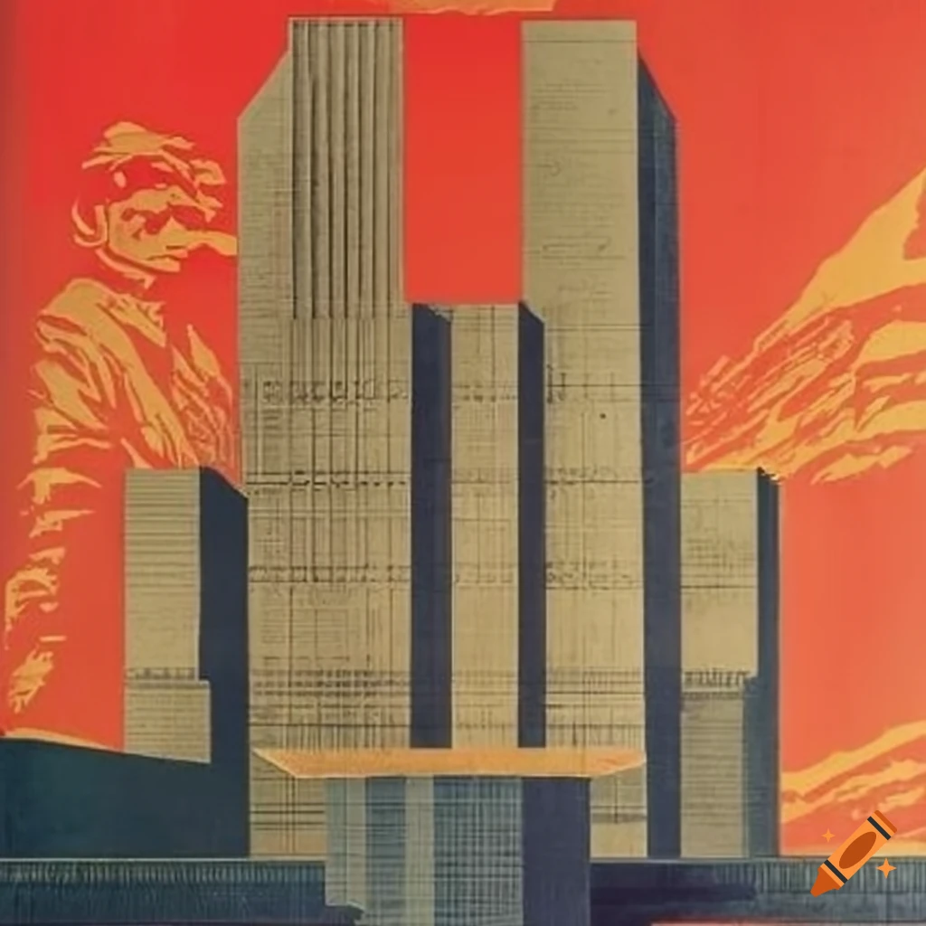 Soviet propaganda poster with Stalinist architecture on Craiyon