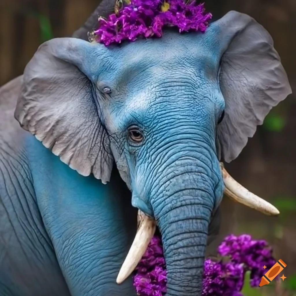 Blue elephant with a crown of purple flowers on Craiyon