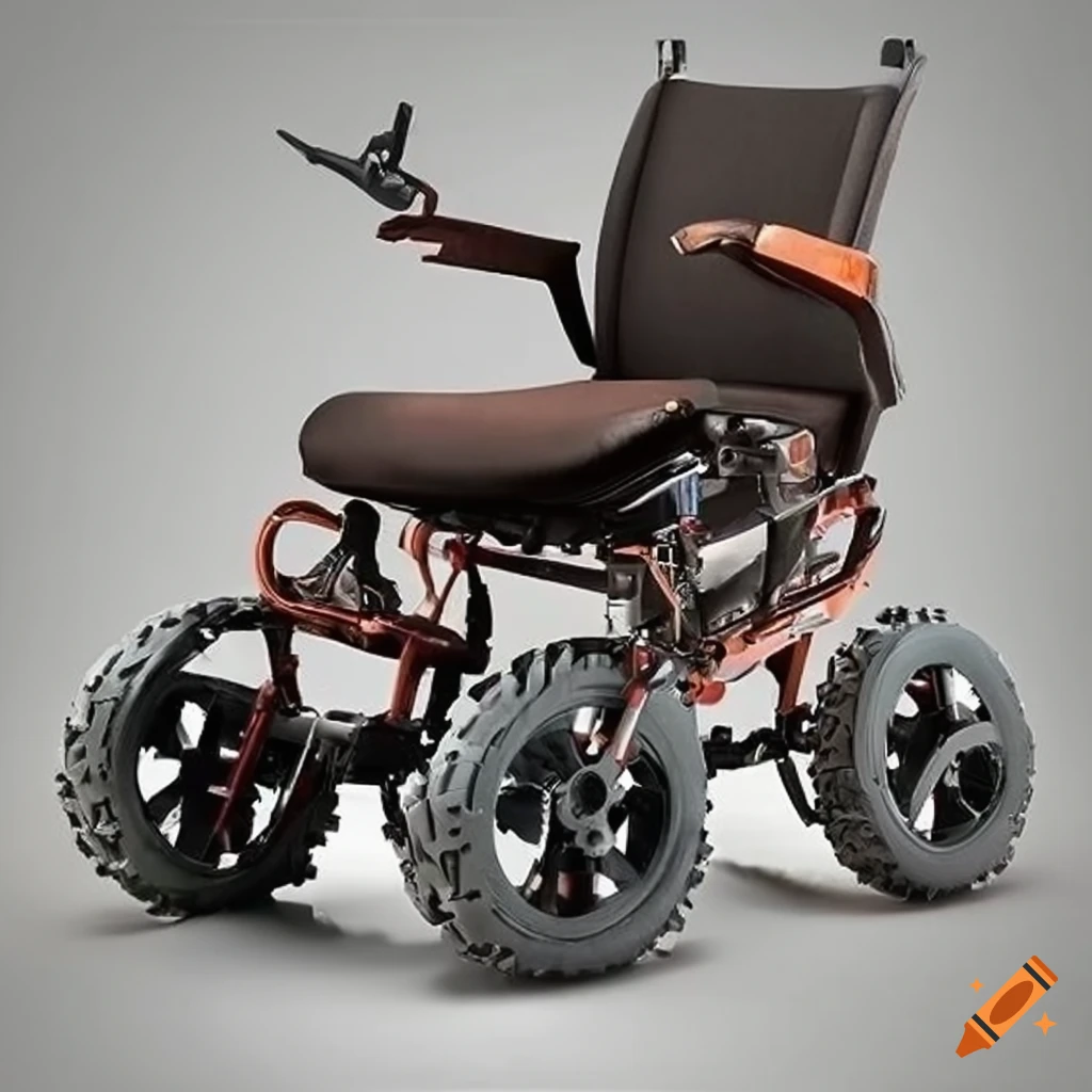 Motorized all-terrain wheelchair on a mountain ridge path on Craiyon