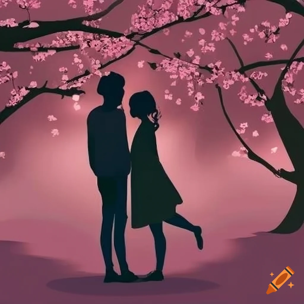 Silhouette of couple under a cherry blossom tree on Craiyon