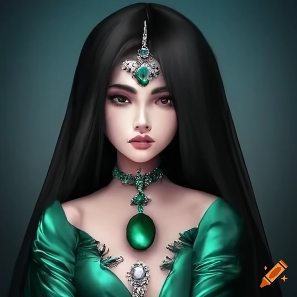 Portrait of a stunning black-haired princess in a green satin dress on ...