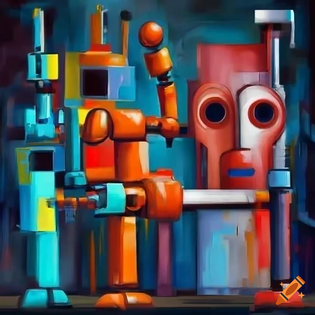 Abstract painting of robots in a large factory on Craiyon