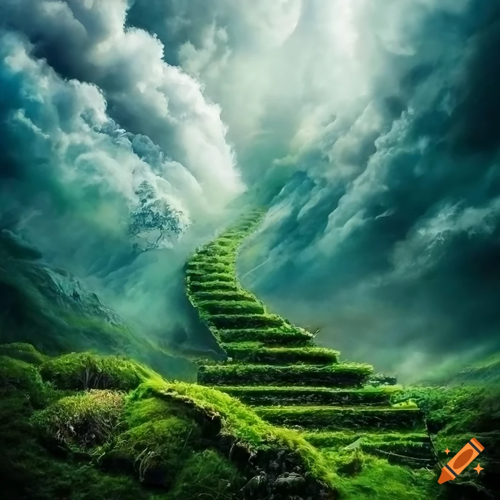 Surreal artwork of a long staircase leading to a magical world on Craiyon