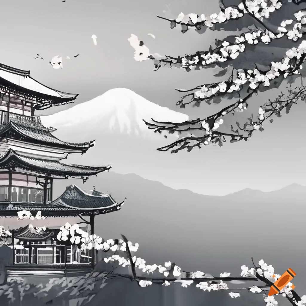 Black and white photo of Japanese cherry blossoms and Mount Fuji on Craiyon