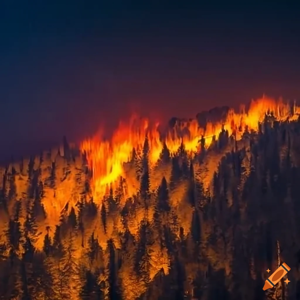 Aerial view of a forest on fire at night on Craiyon