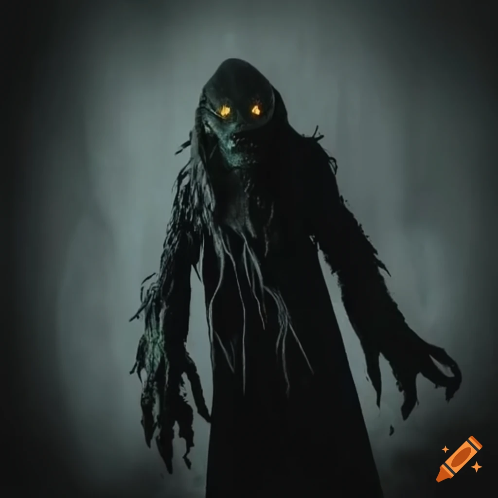 Grunge artwork of a sinister monster in a dark forest on Craiyon