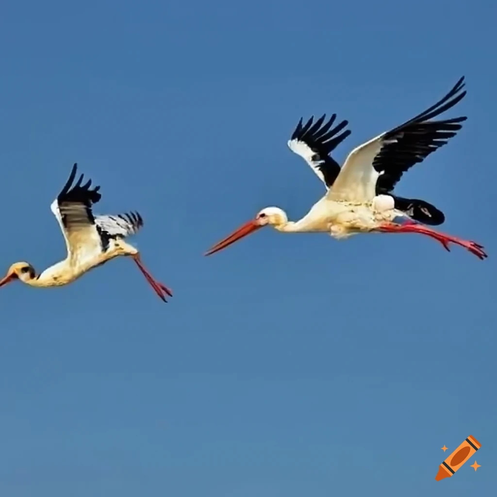 Storks flying and posing in the sky