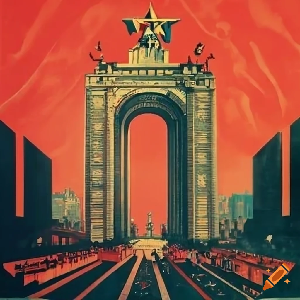 Soviet propaganda poster featuring stalinist architecture