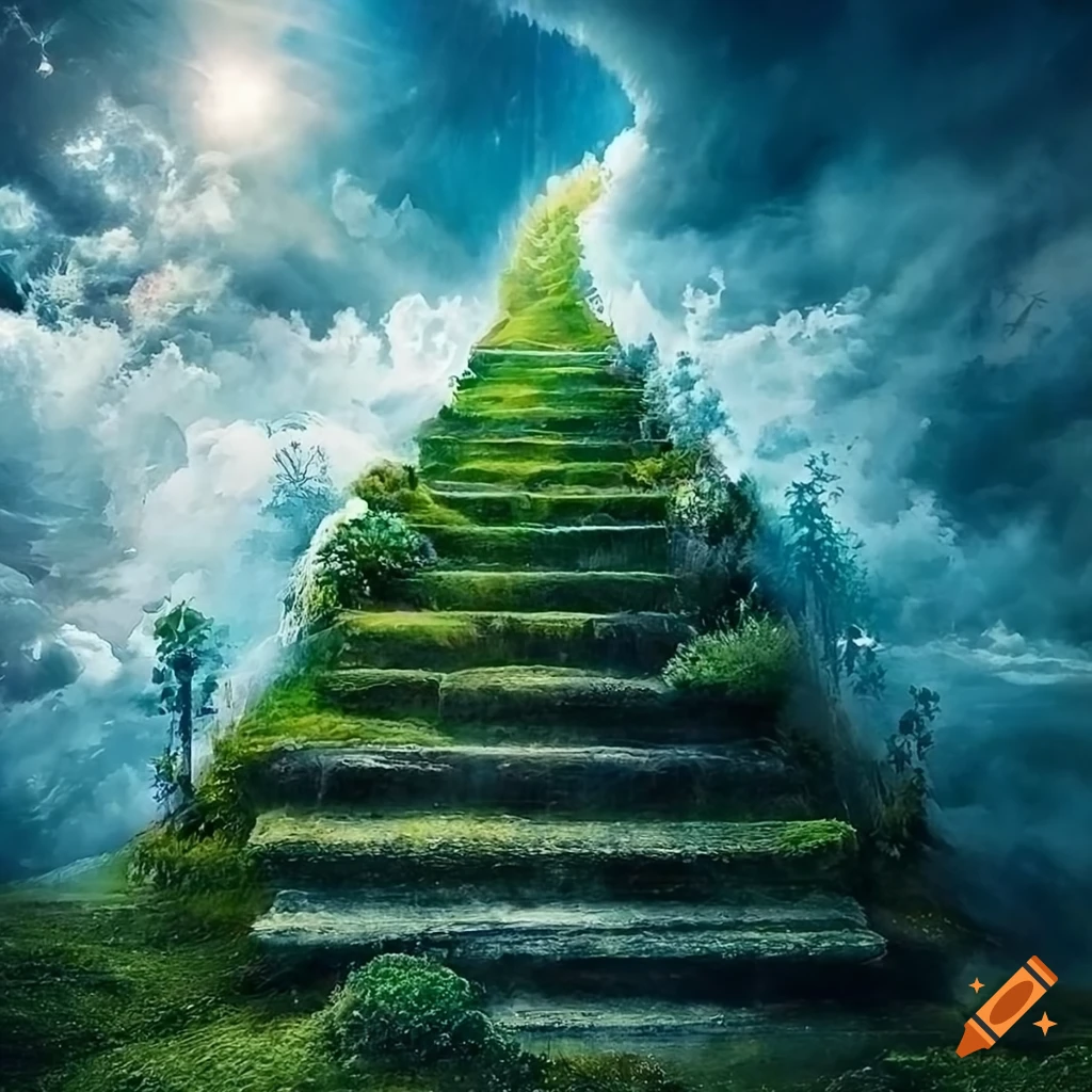 Surreal artwork of a staircase leading to a fantasy world on Craiyon
