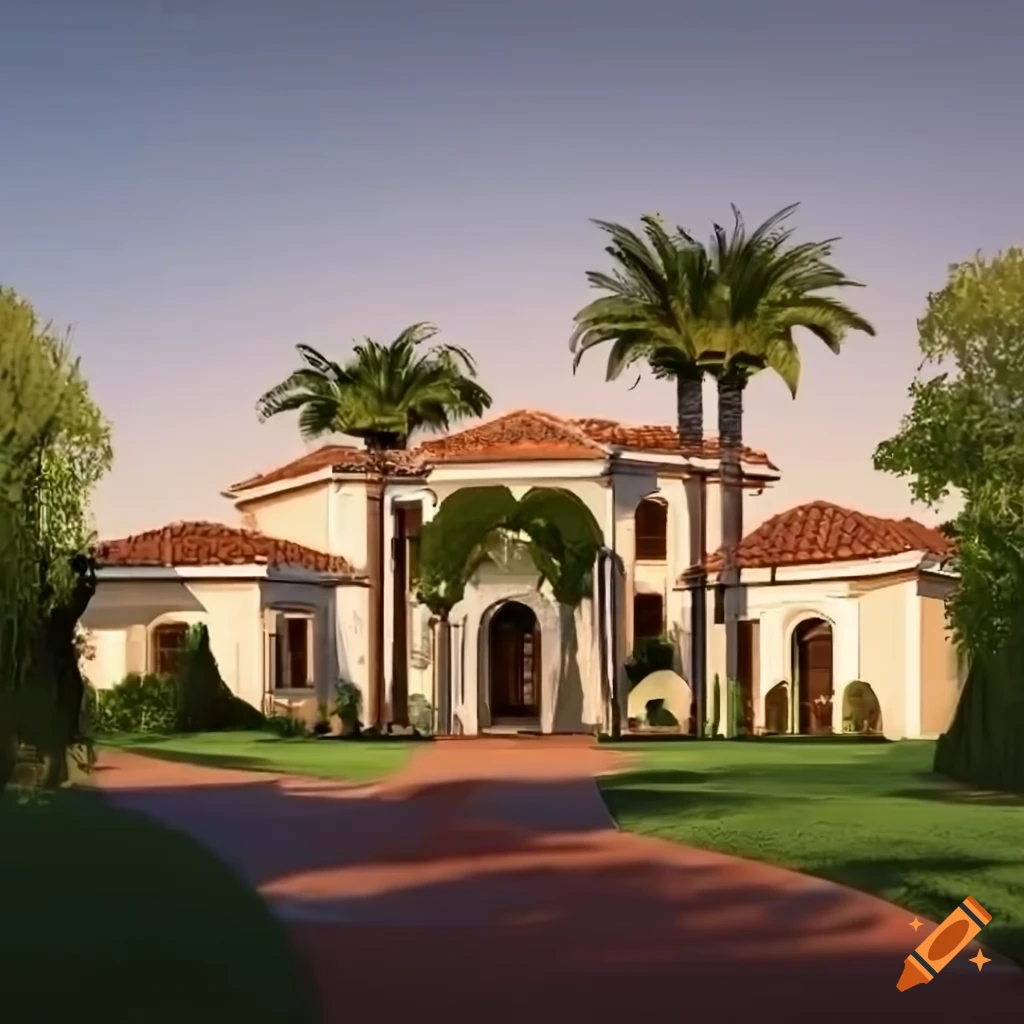 Mediterranean style home with circular rotunda and palm trees on Craiyon