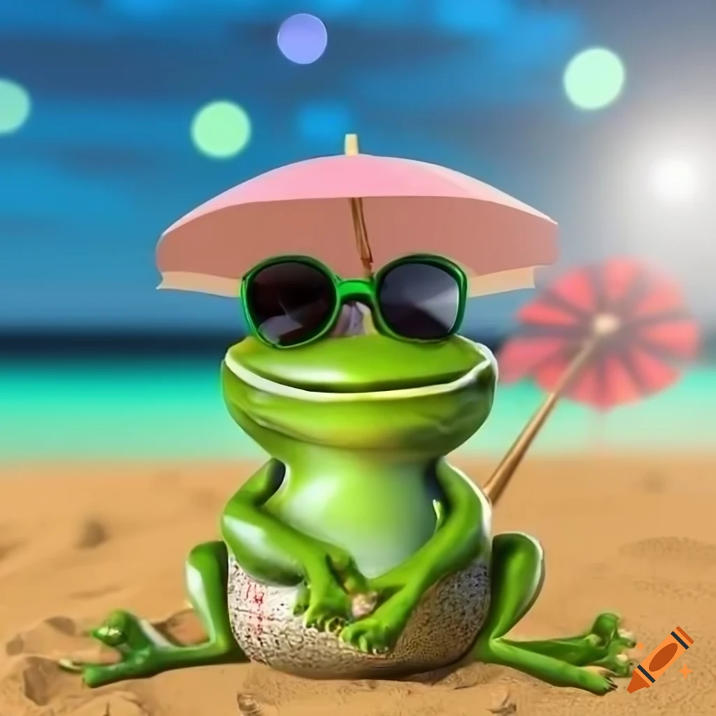 3D funny frog on a beach with sunglasses and a drink on Craiyon