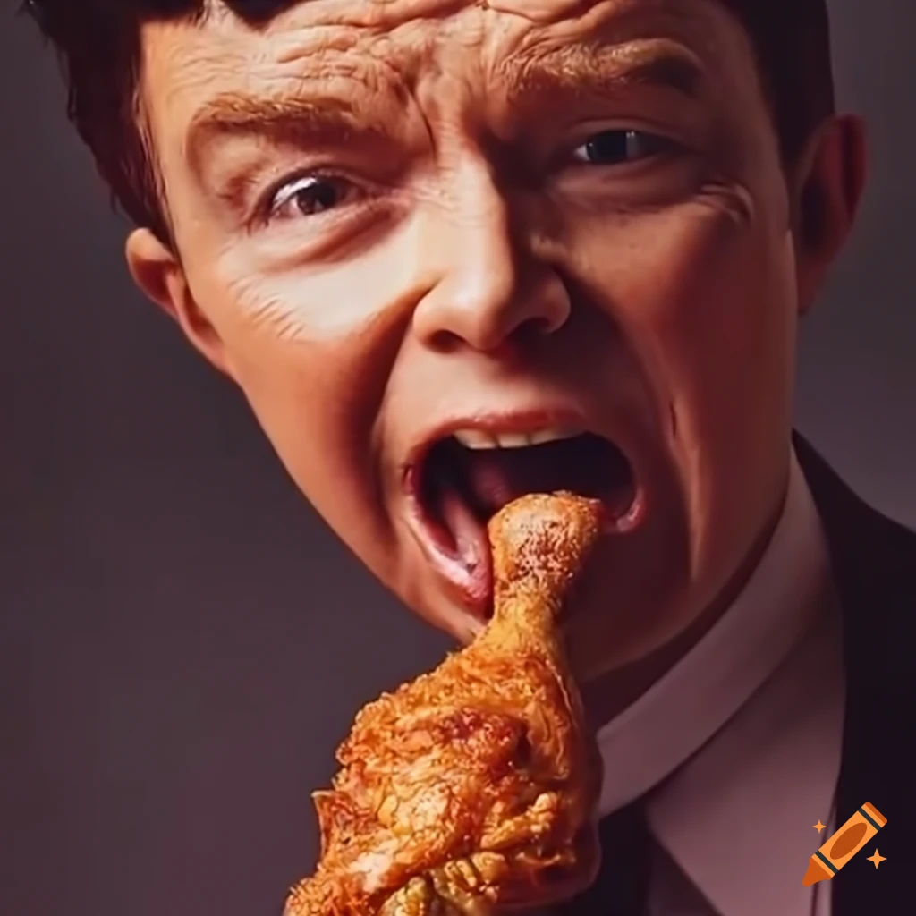 Will Farrell and Rick Astley enjoying a giant fried-chicken leg on Craiyon