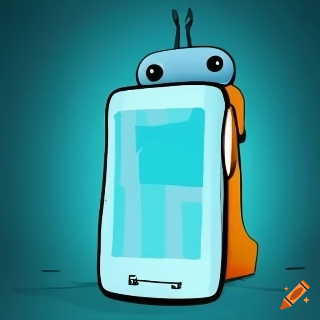 Cartoon of a robot using a smartphone on Craiyon