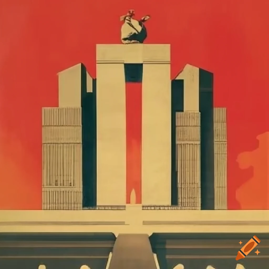 Soviet propaganda poster with Stalinist architecture and city gate on ...