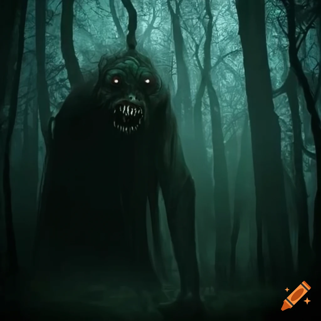 Grunge image of a dark forest with a lurking supernatural monster on ...
