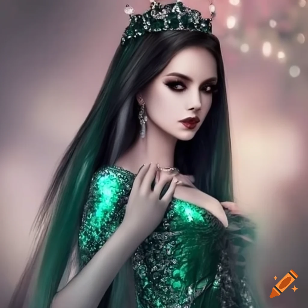 Dark-haired princess in a stunning green sequin dress on Craiyon