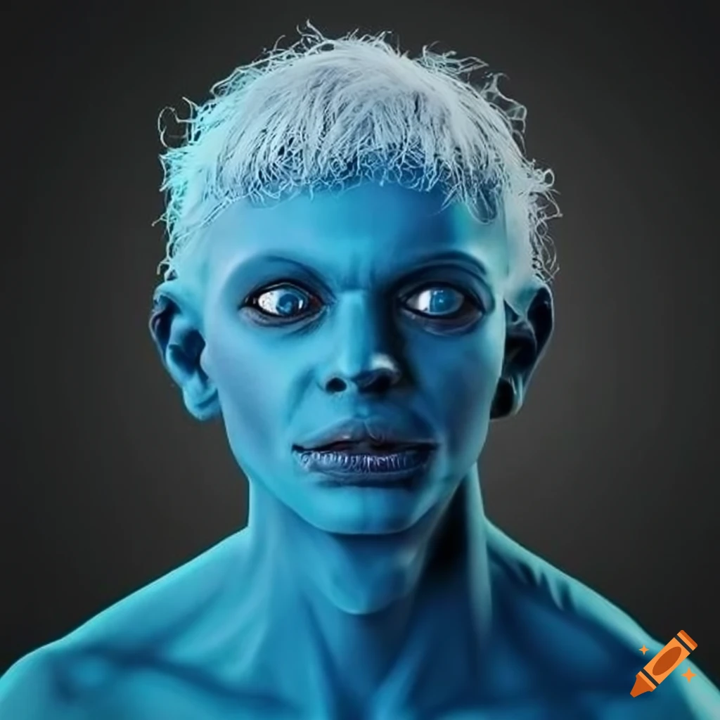 Illustration of a blue-skinned alien with white wavy hair on Craiyon