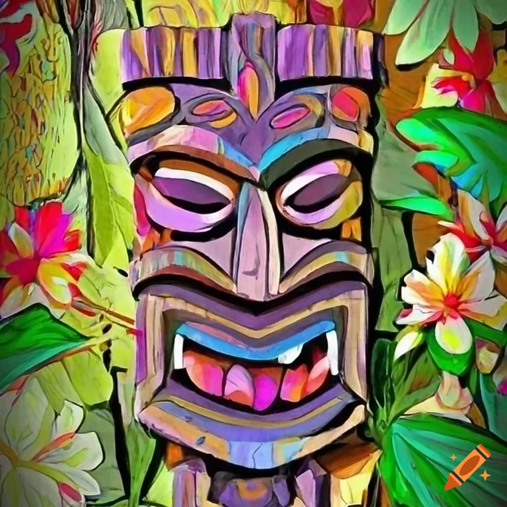 Wood carving of a tiki head surrounded by colorful flowers on Craiyon