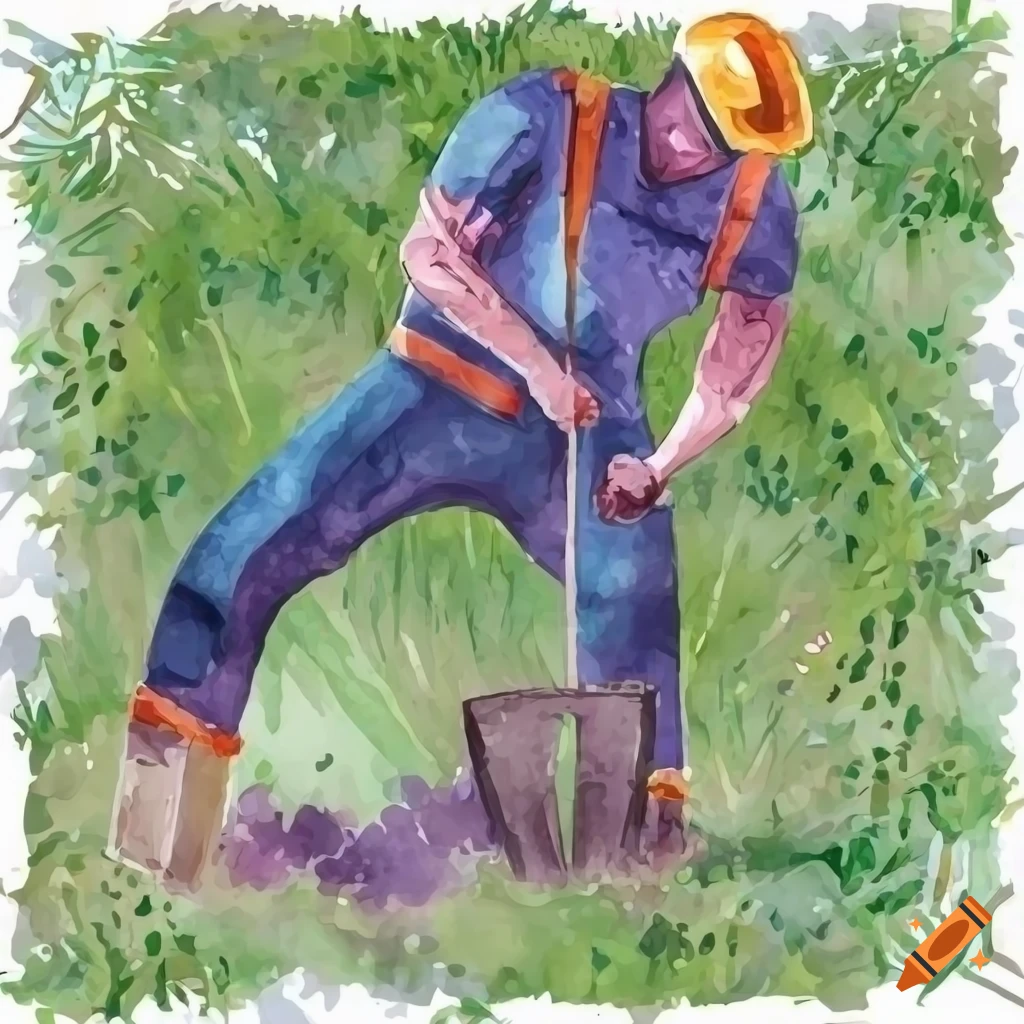 Watercolor illustration of a construction worker digging with a shovel ...