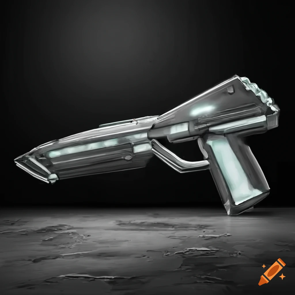 Grayscale image of an alien technological gun with diamond accents on ...