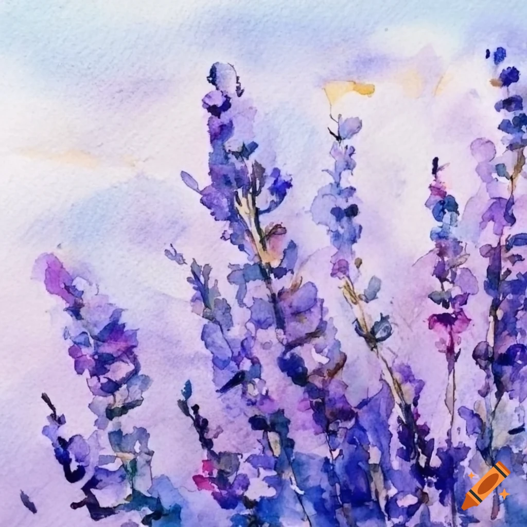 Watercolor painting of lavender flowers under blue sky on Craiyon
