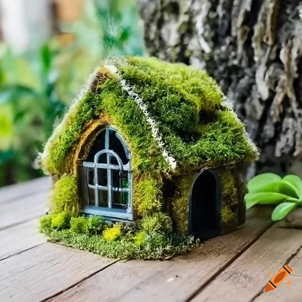 Realistic miniature moss house with tiny plants and a tranquil lake on ...