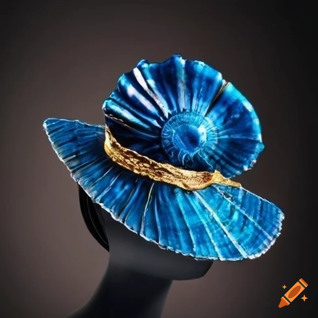 Detailed dark blue sea shell hat with gold trims on Craiyon