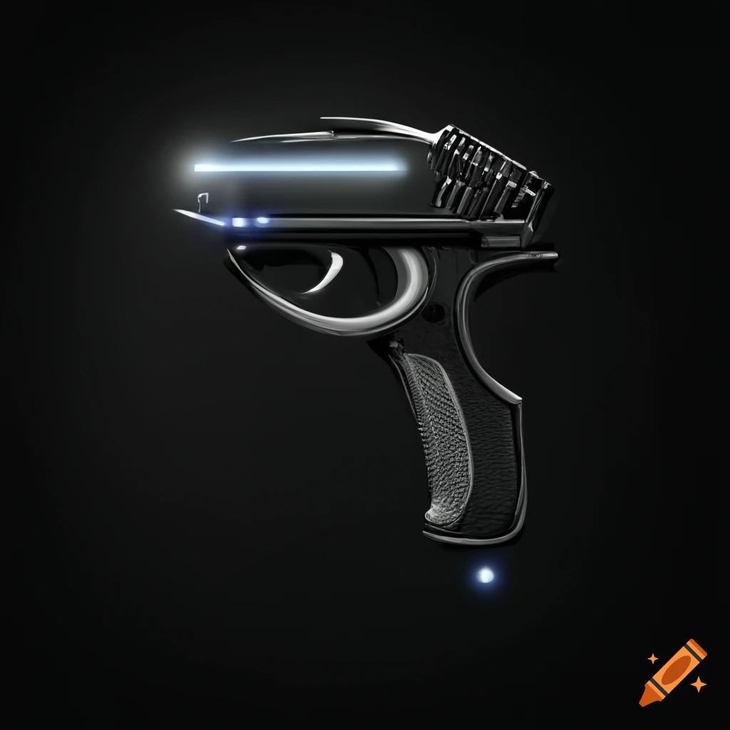 Grayscale image of alien gun with glowing diamond accents on Craiyon