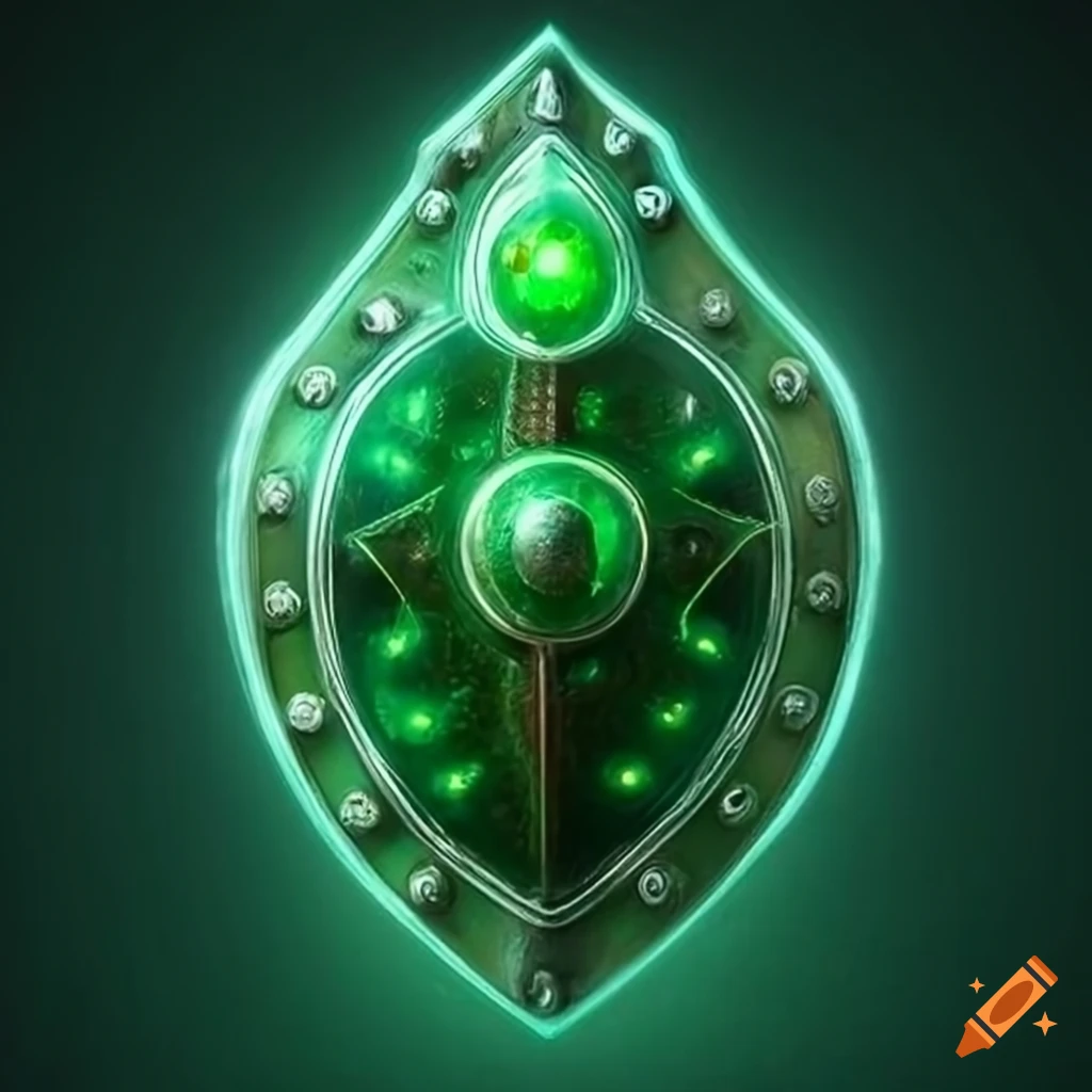 Photorealistic mythical shield with dark green emeralds and electricity ...