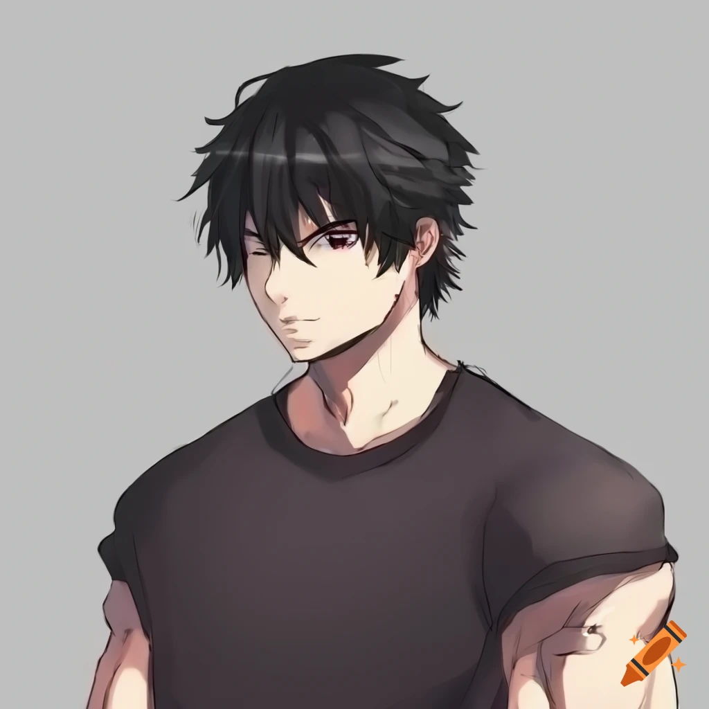 Buff anime man with black hair and tongue piercing on Craiyon