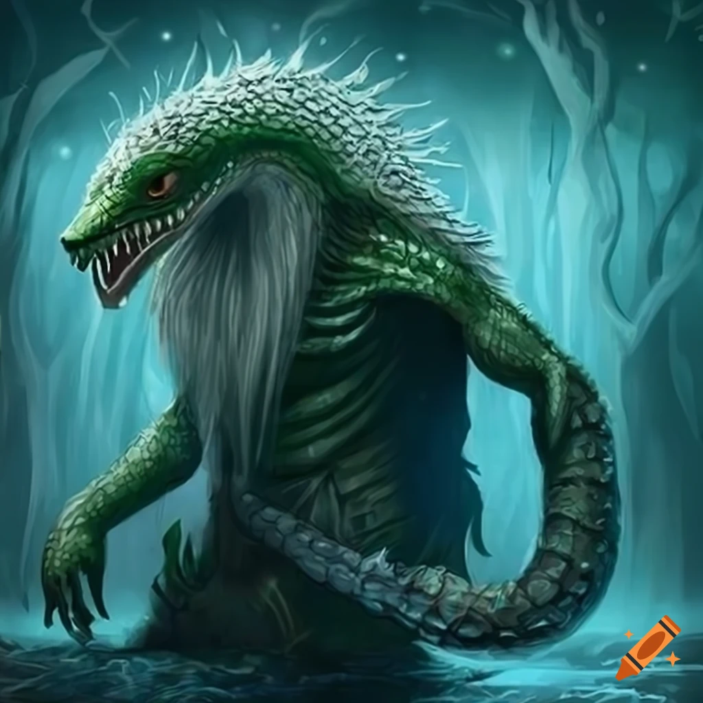 Magical anthropomorphic reptile casting a spell in an icy swamp on Craiyon