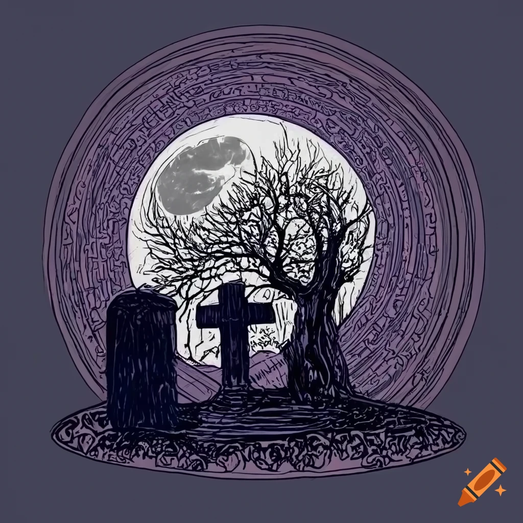 Line art of a haunted graveyard at night on Craiyon