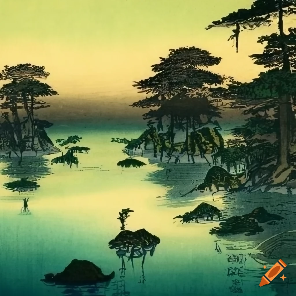 Ukiyo-e style artwork of a japanese swamp landscape on Craiyon