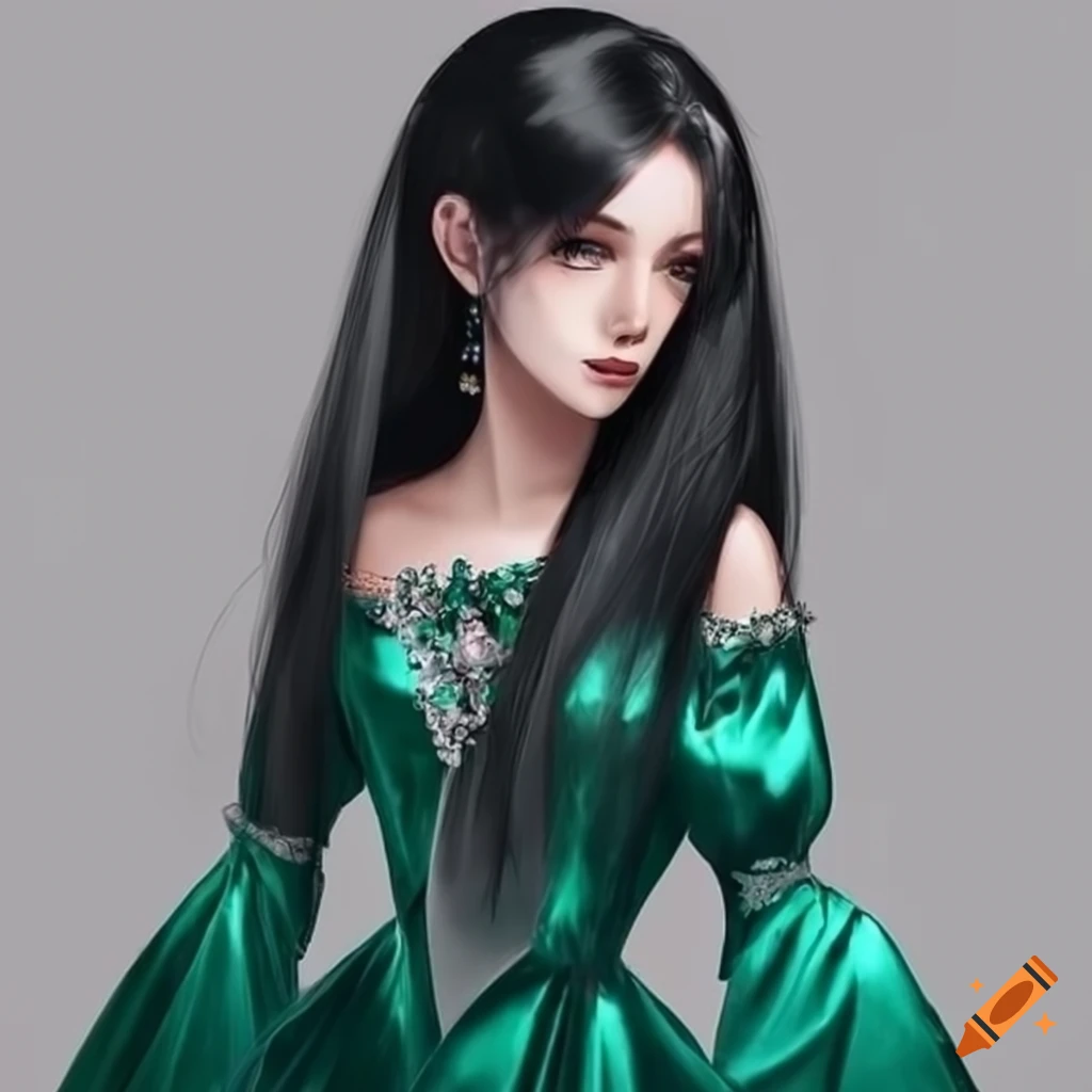 Image of an ethereal princess in a green satin dress on Craiyon