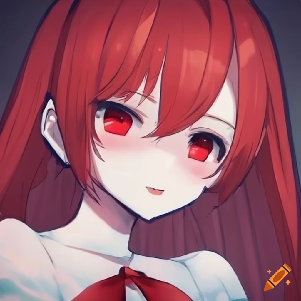 Illustration of a yandere character with red hair and red eyes on Craiyon