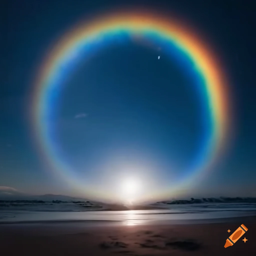 Moon with a halo rainbow over a beach at night on Craiyon