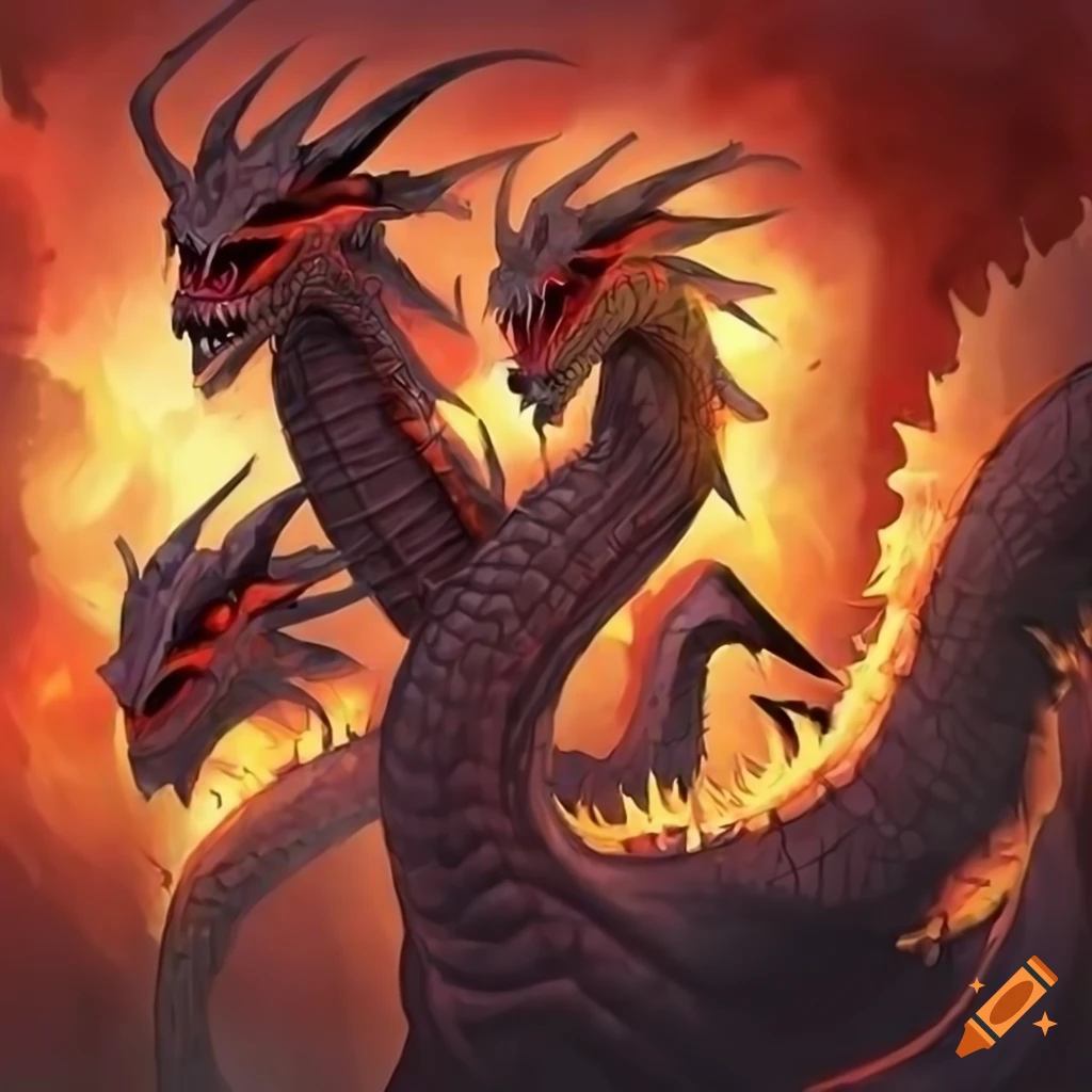 Fantasy artwork of a fiery hydra in battle on Craiyon