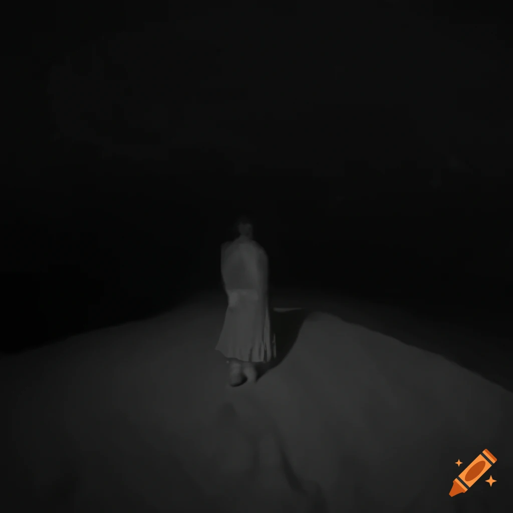 Unsettling figure standing on a hill in a horror movie scene on Craiyon