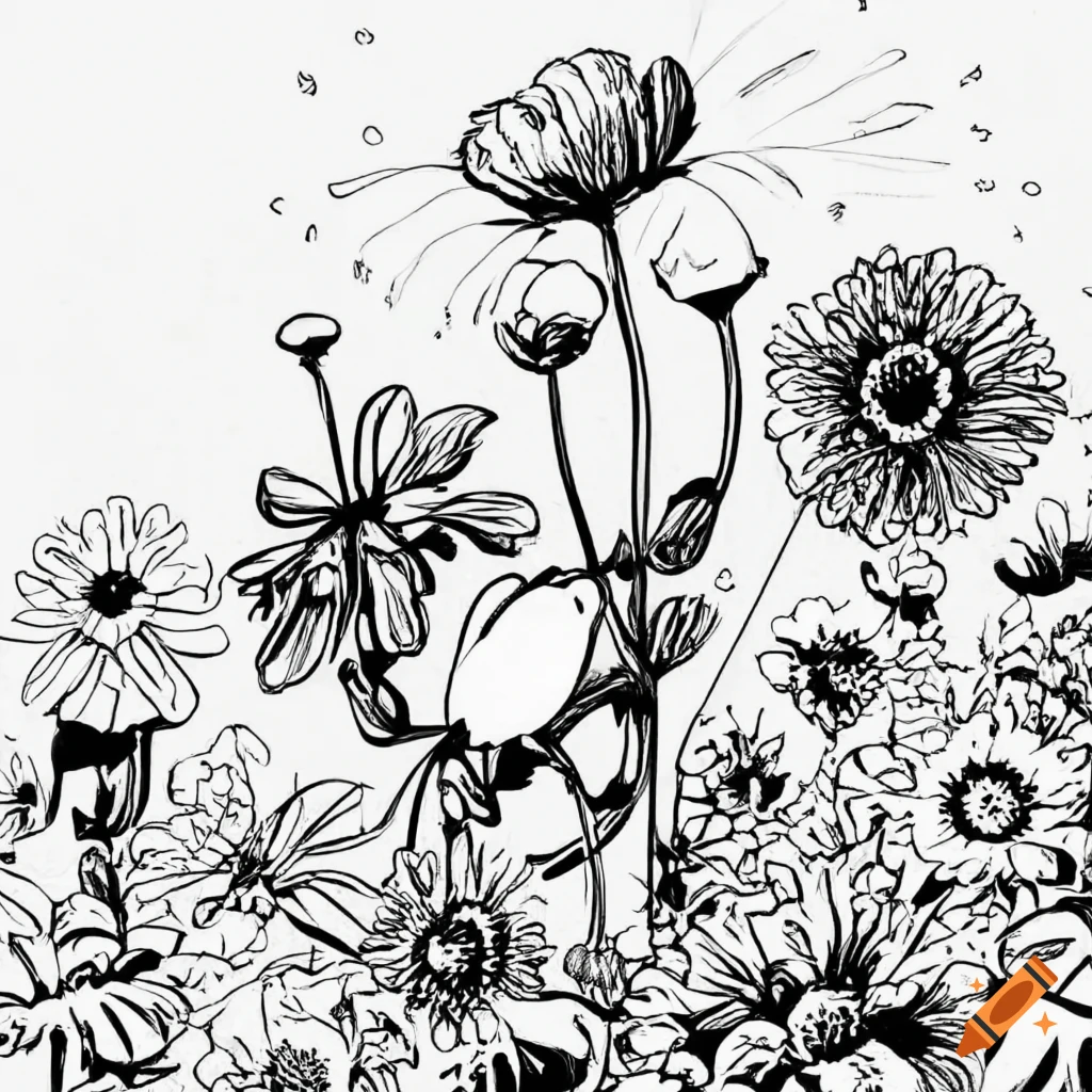 Black and white line drawing of a flower garden on Craiyon