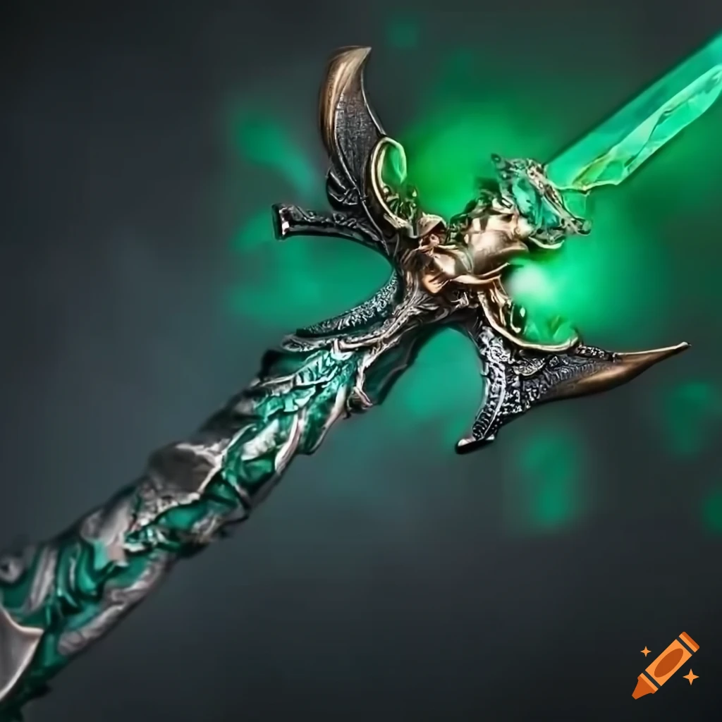 Photorealistic evil magical sword with emerald blade on Craiyon