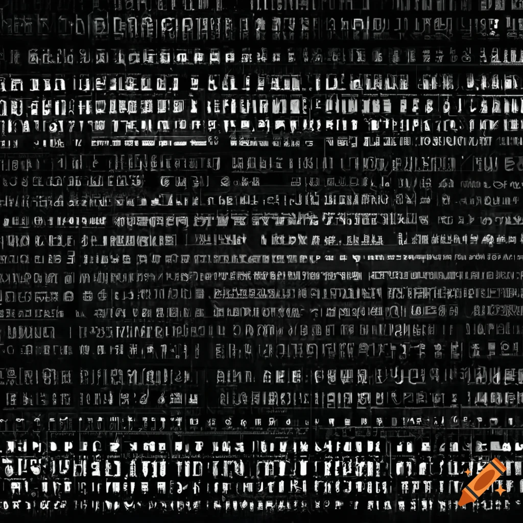 Black and white hieroglyph-like code on a dark background on Craiyon
