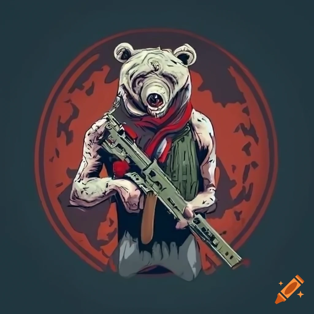 Logo of a bear holding machine guns fighting zombies on Craiyon