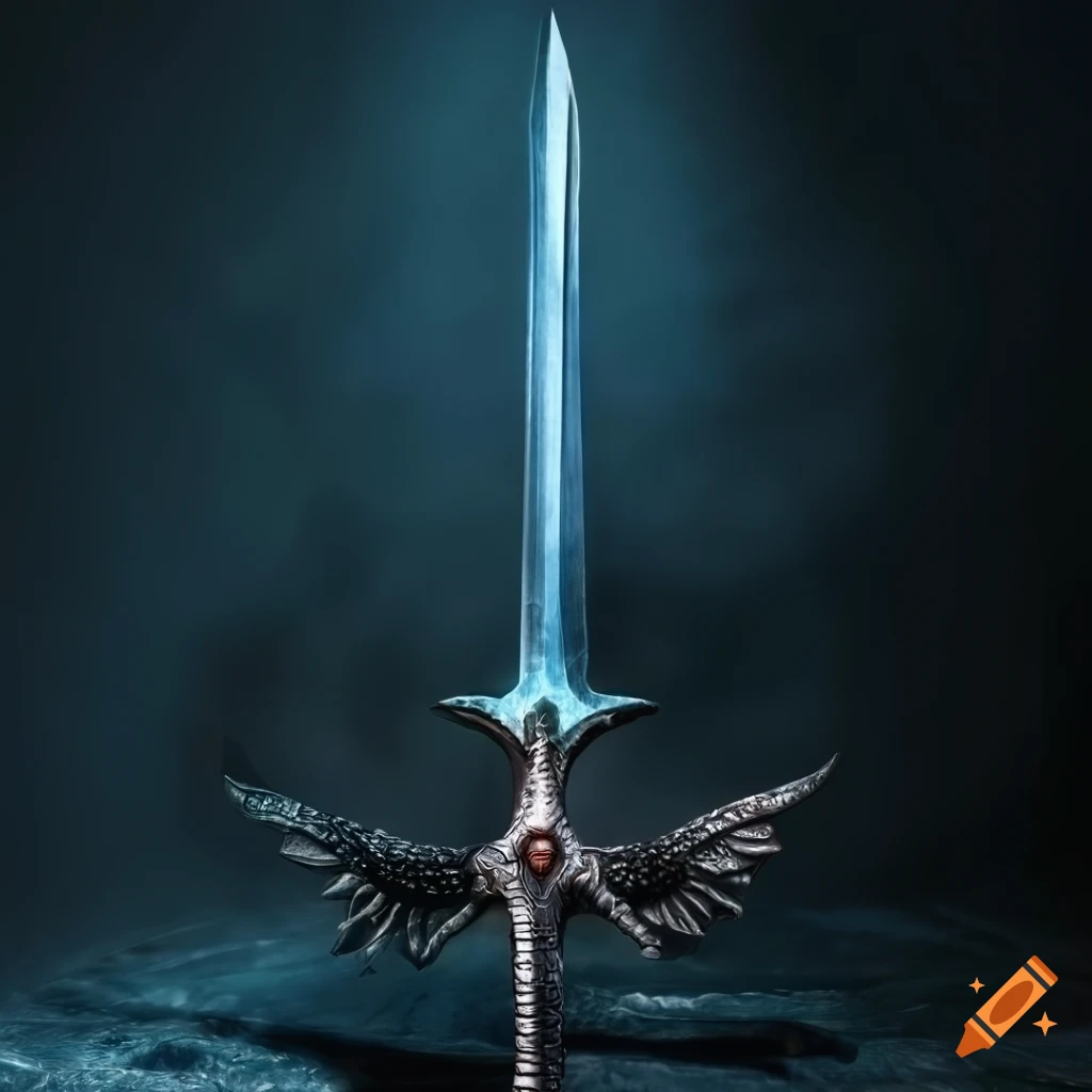 Photorealistic illustration of an evil magical sword with black diamond ...