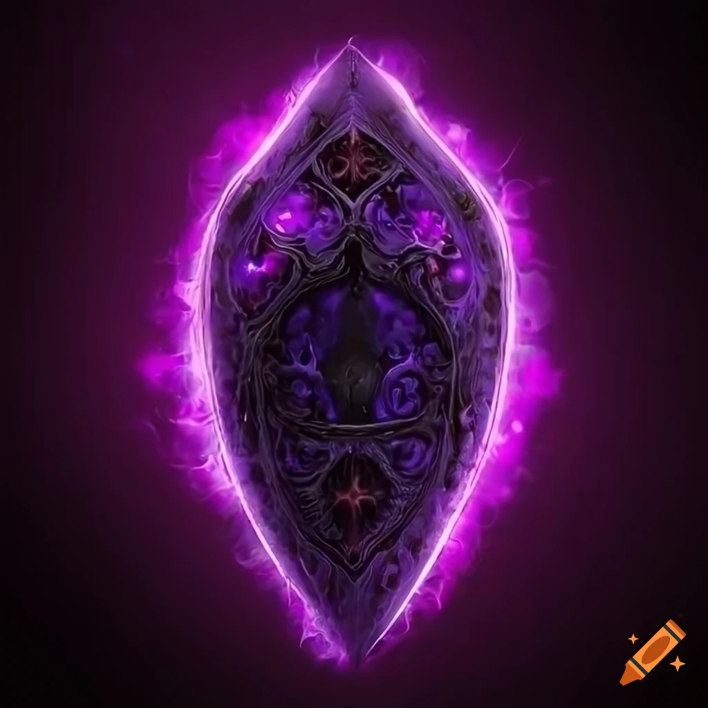 Photorealistic depiction of a mythical shield with amethysts and ...