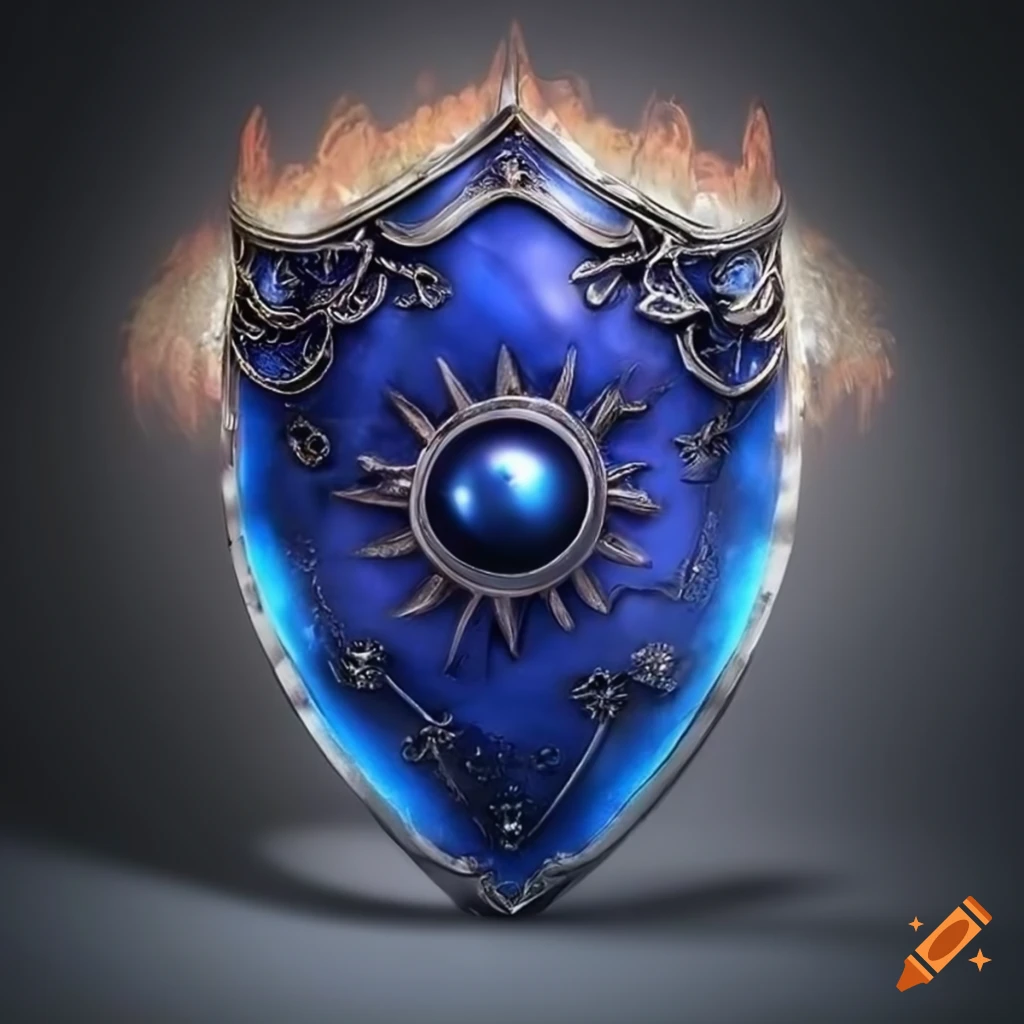 Photorealistic mythical shield with blue sapphire on Craiyon