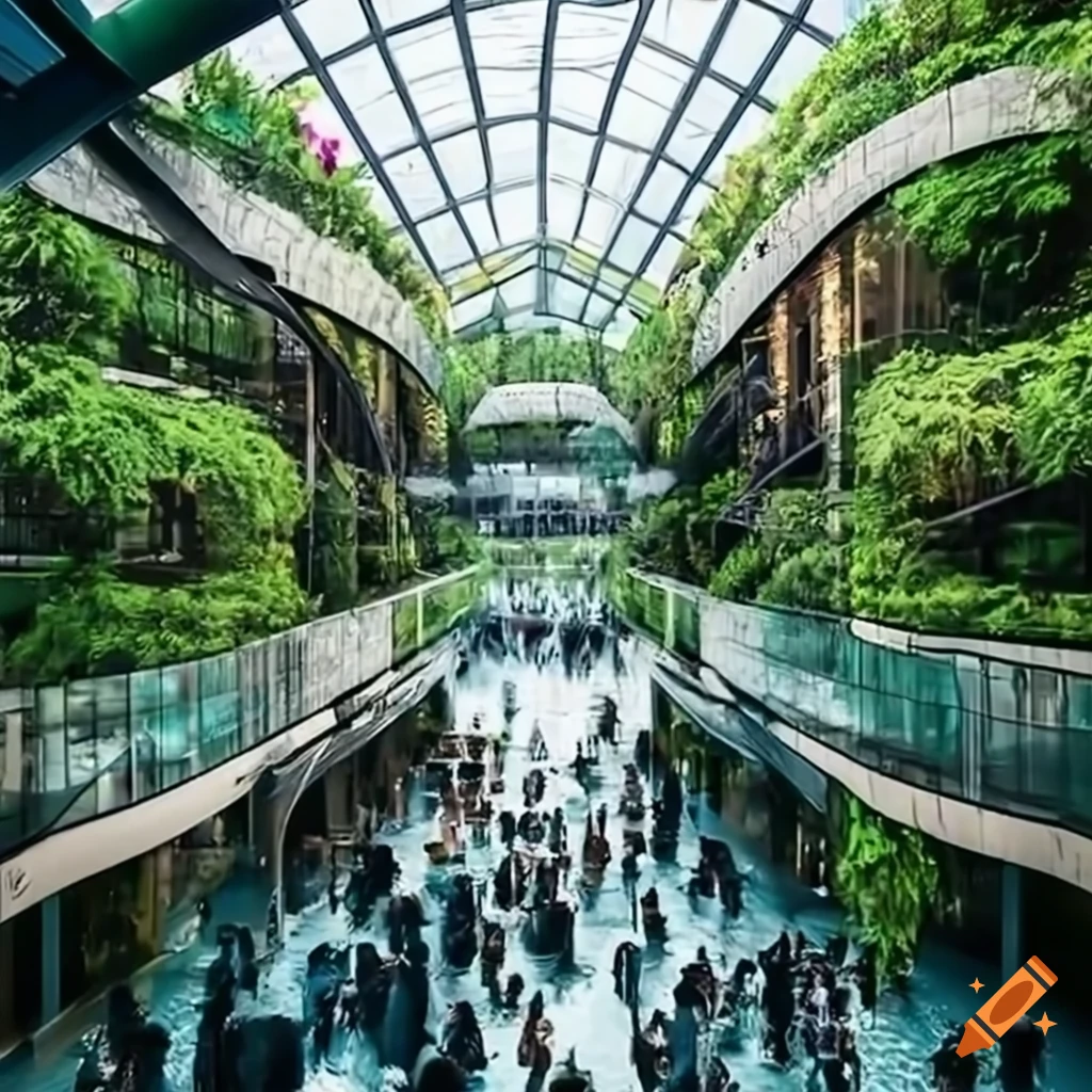Interior view of a futuristic shopping mall with greenery and ponds on ...