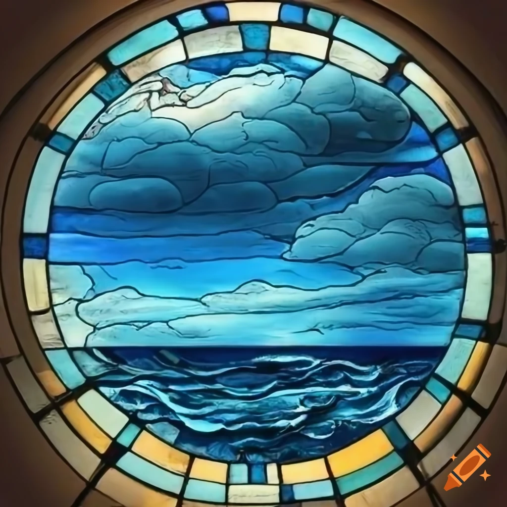 Stained glass window with clouds and ocean design on Craiyon