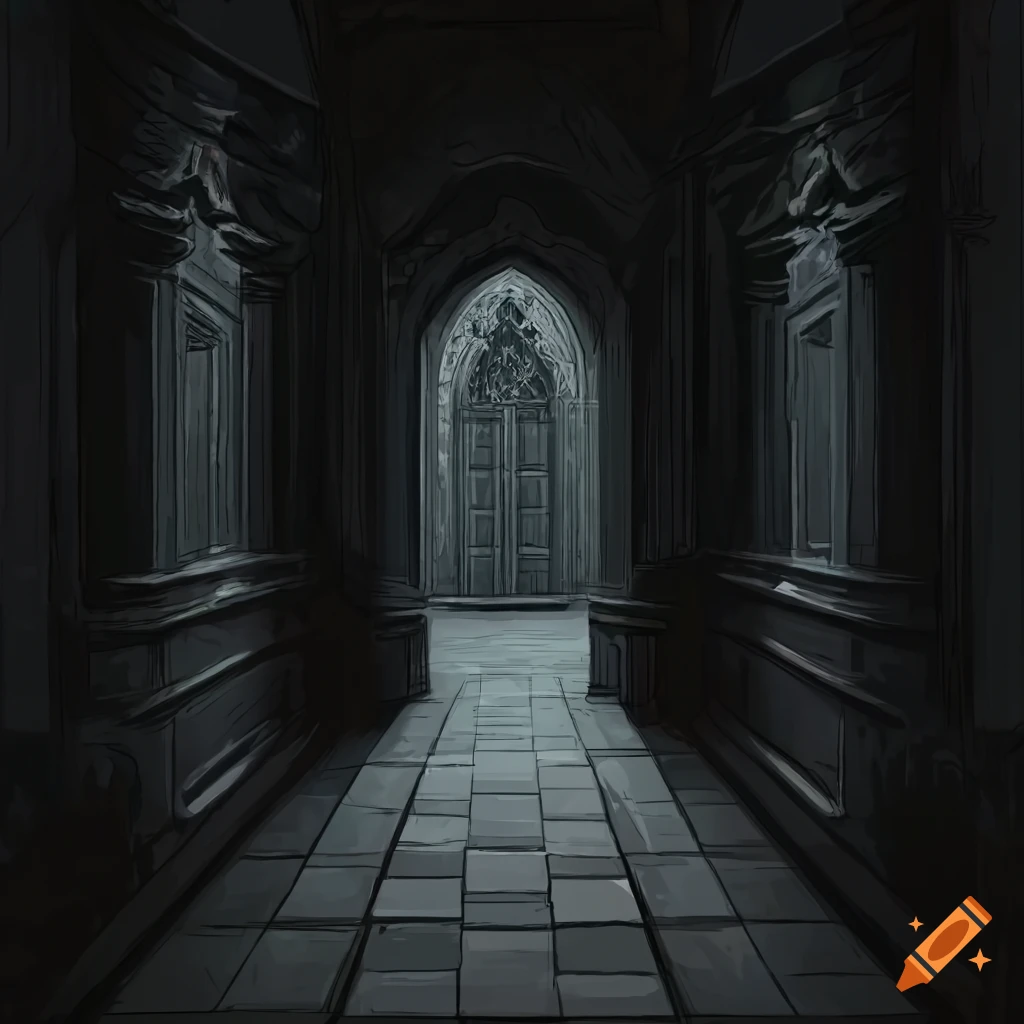Illustration of a dark hall with closed doors and stone walls on Craiyon